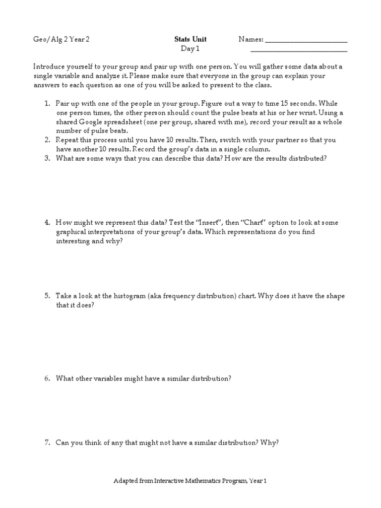 Stats Unit: Adapted From Interactive Mathematics Program, Year 1 | PDF ...