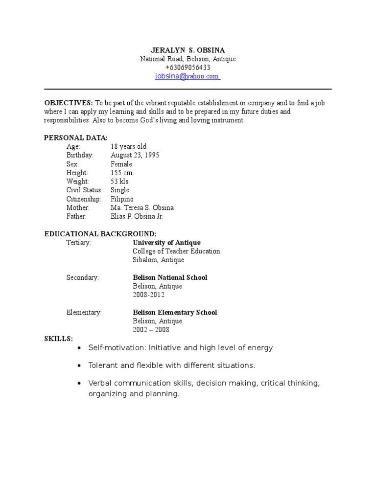 Resume of Jeralyn S. Obsina | PDF