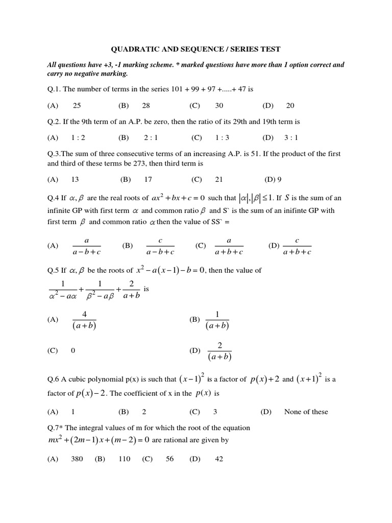 Sequence and Series Test Paper (Easy) | PDF | Zero Of A Function ...