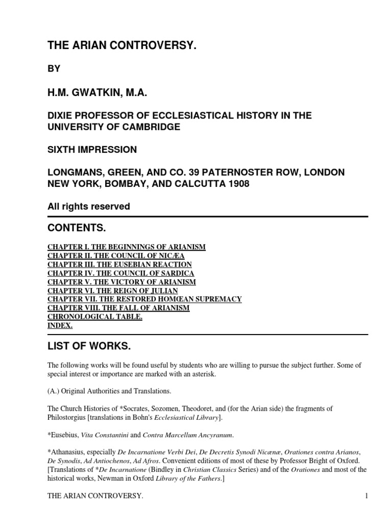 The Arian Controversy by Gwatkin, Henry Melvill, 1844-1916 | PDF | God ...