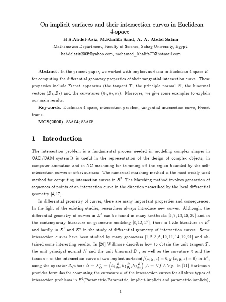 Differential Geometry of E4 Intersection Curves | PDF | Curvature | Tangent