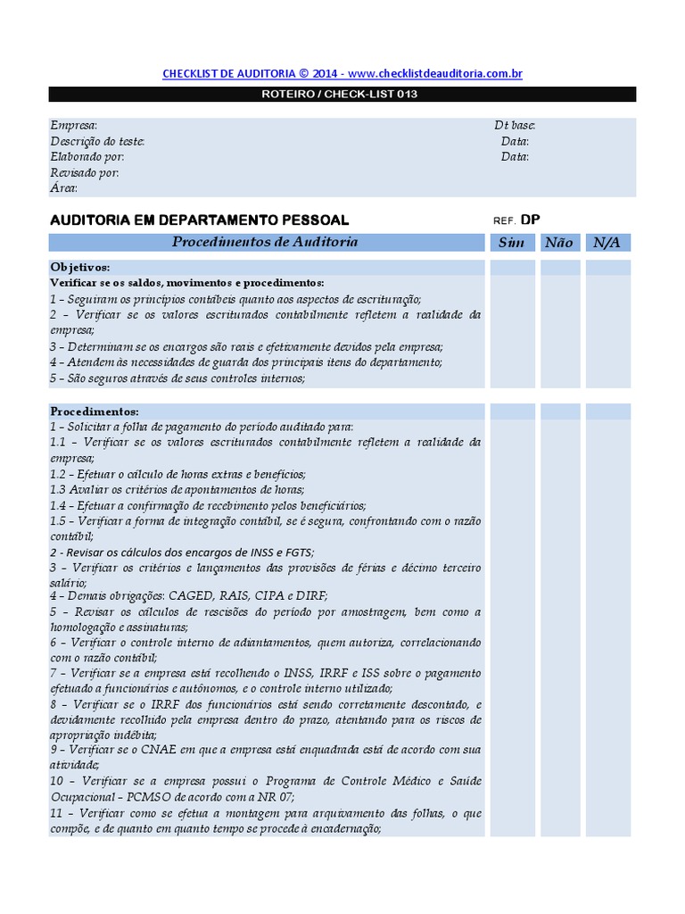 Checklist de Auditoria Departamento Pessoal | Folha de Pagamento ...