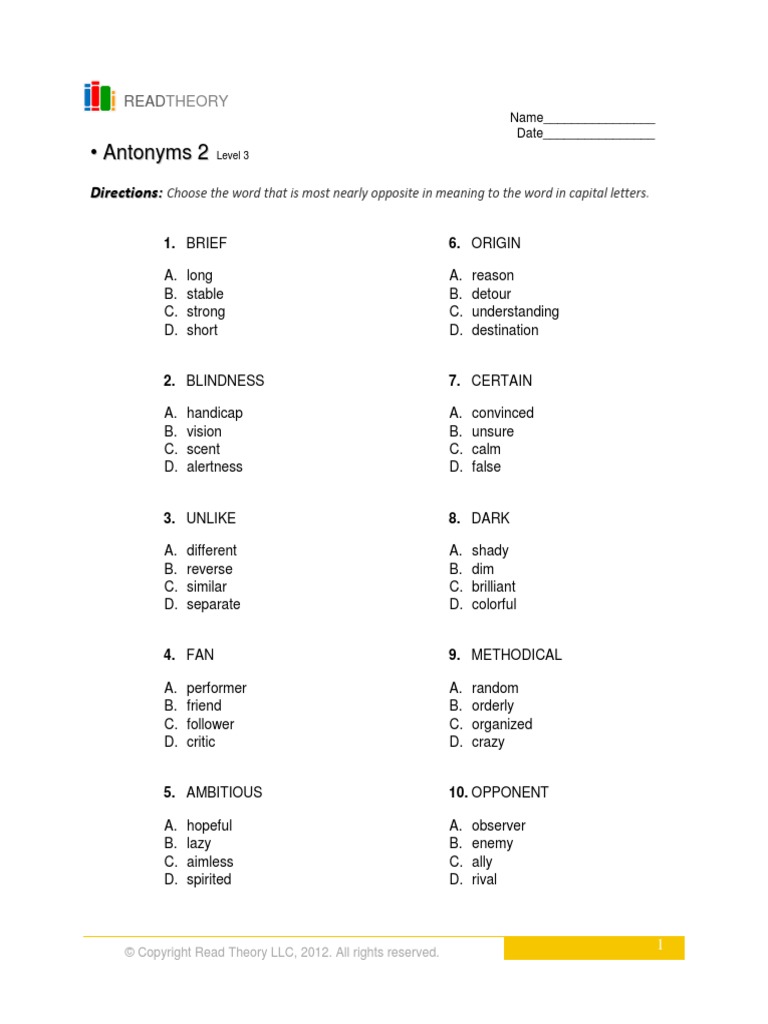 Level 3 Antonyms 2 | PDF | Visual Impairment | Cognitive Science