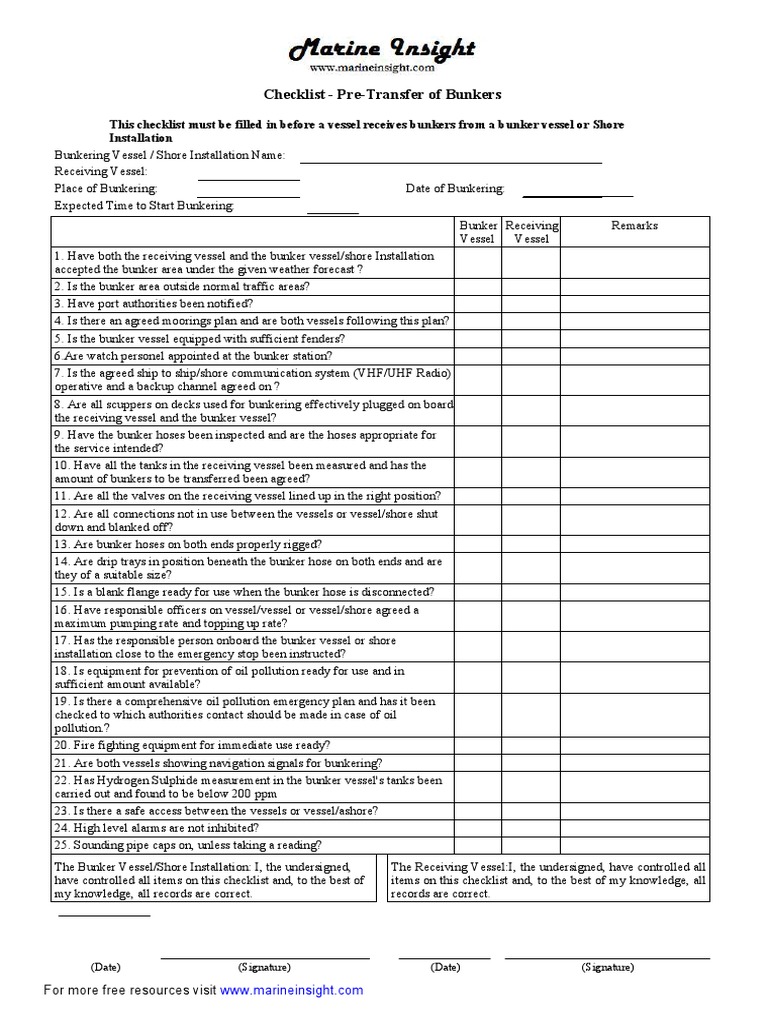 Checklist - Pre-Transfer of Bunkers | PDF | Nature