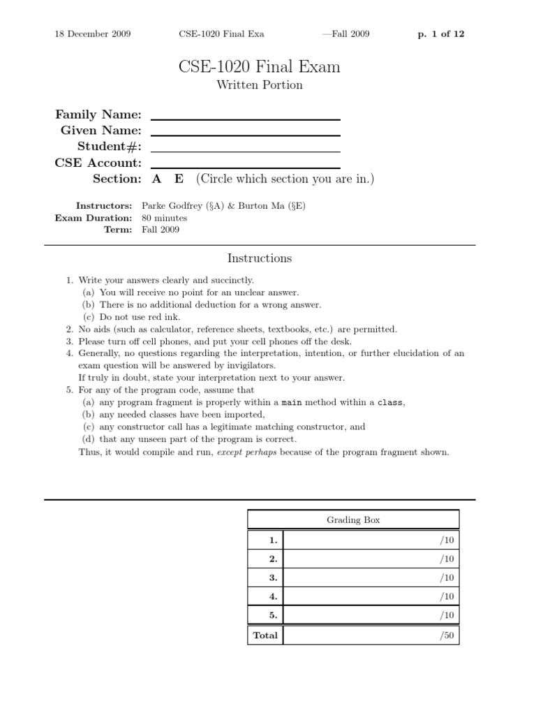 CSE-1020 Final Exam | PDF | Inheritance (Object Oriented Programming ...