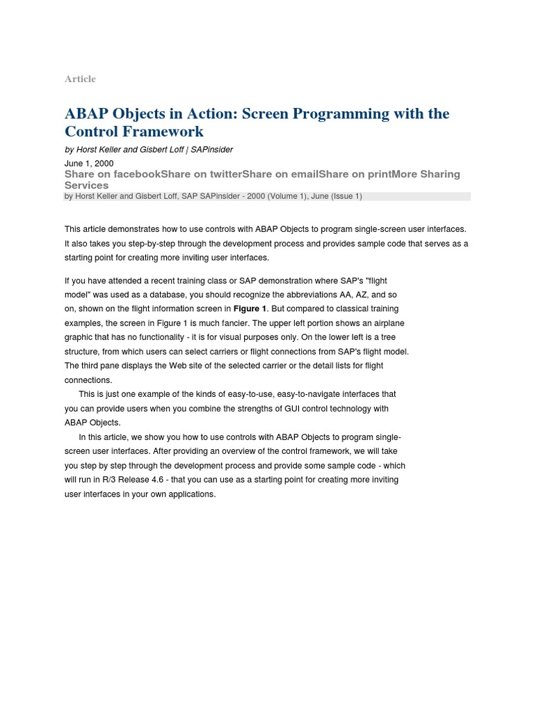 Abap Objects In Action Screen Programming With The Control Framework Pdf Constructor