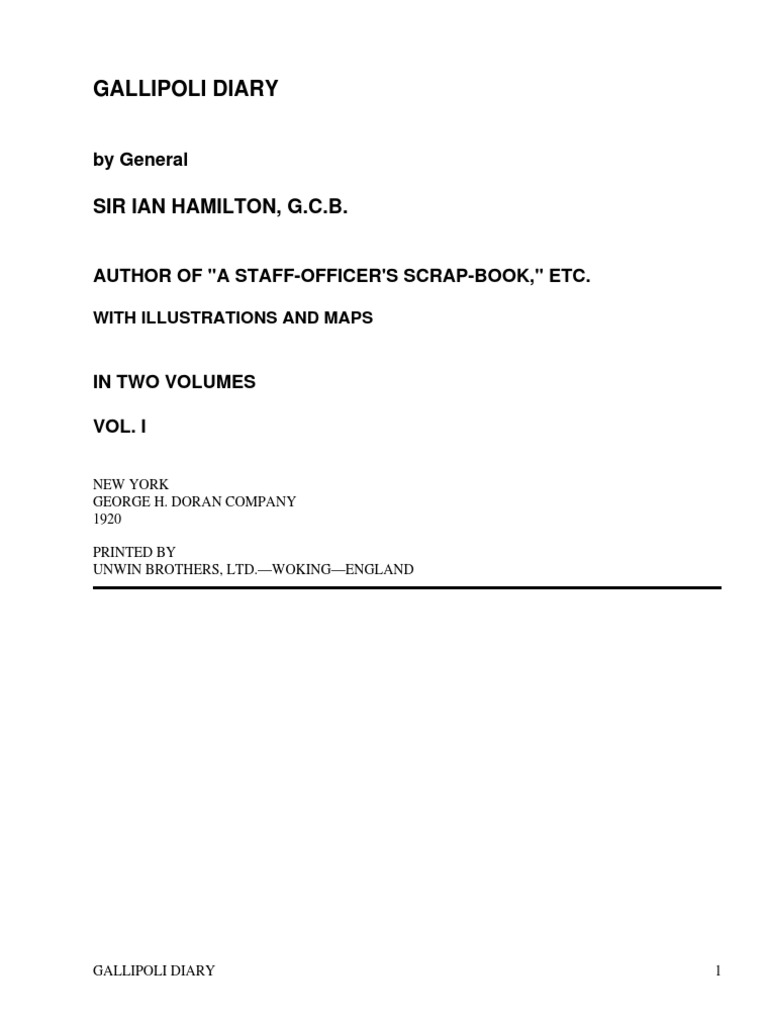 Gallipoli Diary, Volume I by Hamilton, Ian, 1853-1947 | PDF | Gallipoli ...