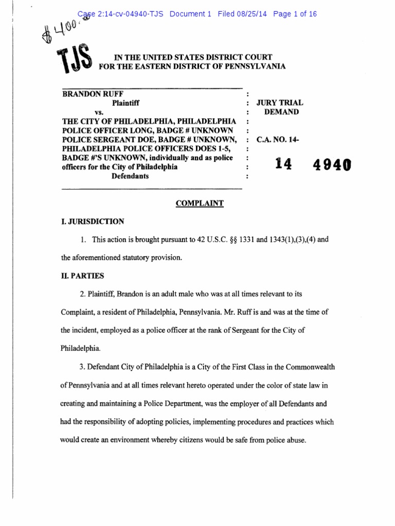 Brandon Ruff Vs Philadelphia Police | PDF | Lawsuit | Complaint