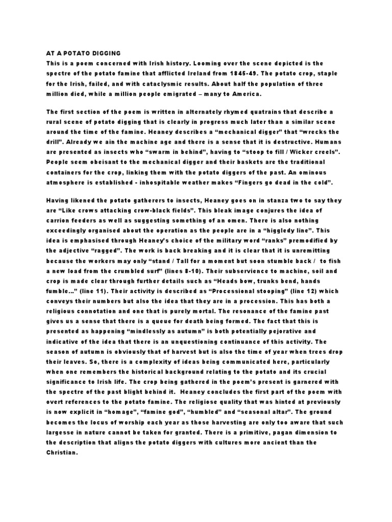 Heaney's "At a Potato Digging" Analysis | PDF | Great Famine (Ireland ...