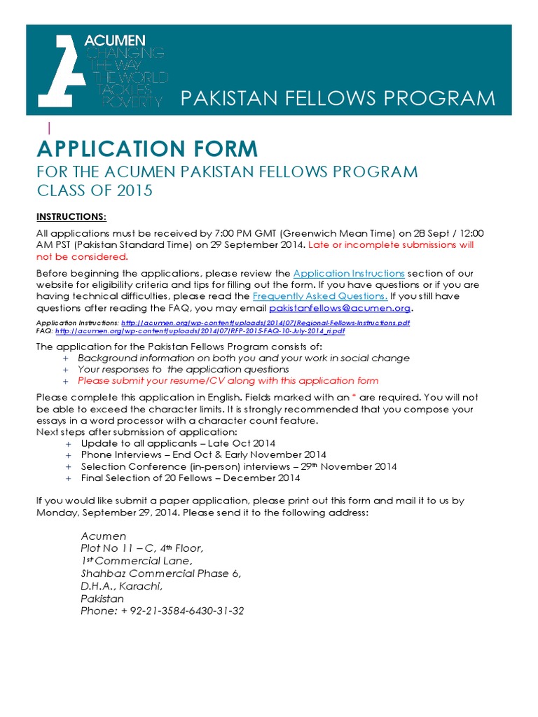 Acumen Pakistan Fellows Printable Application Form Class of 2015 | PDF ...