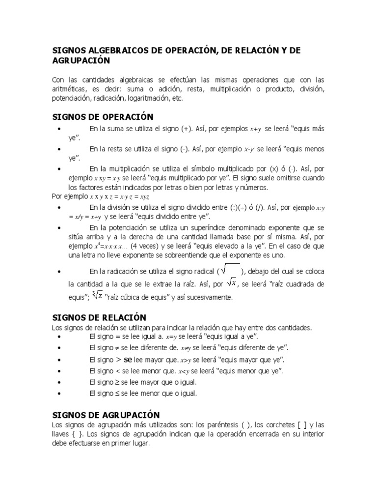 Signos Algebraicos de Operación | PDF