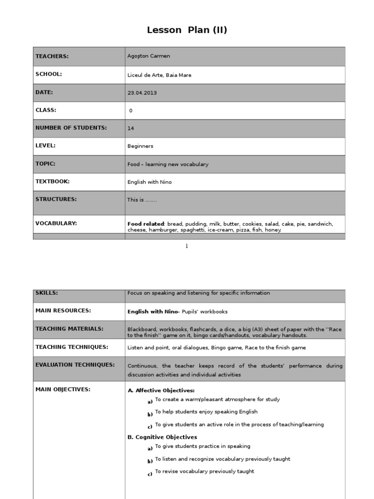 Lesson Plan (II) : Teachers: School: Date: Class: Number of Students ...