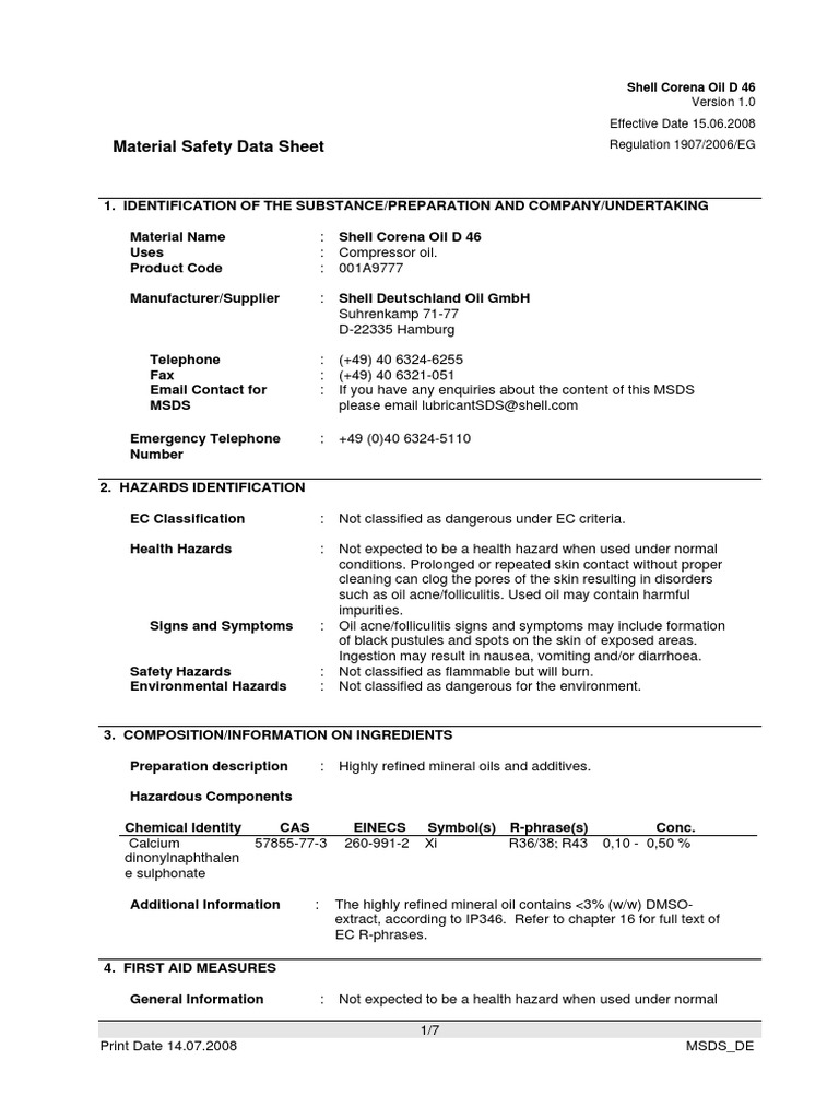 Shell Corena Oil D 46 MSDS | PDF | Personal Protective Equipment | Toxicity