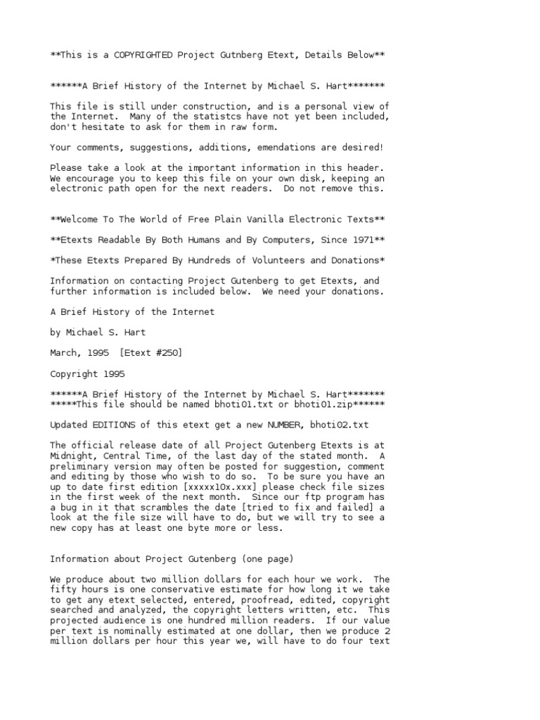 A Brief History of The Internet by Hart, Michael, 1947 | PDF | Project ...