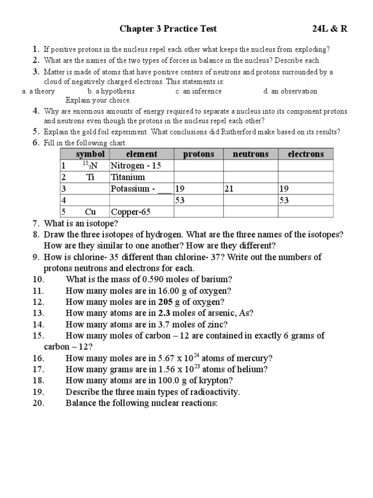 Chapter 3 Practice Test 14-15 | PDF | Proton | Atomic Nucleus
