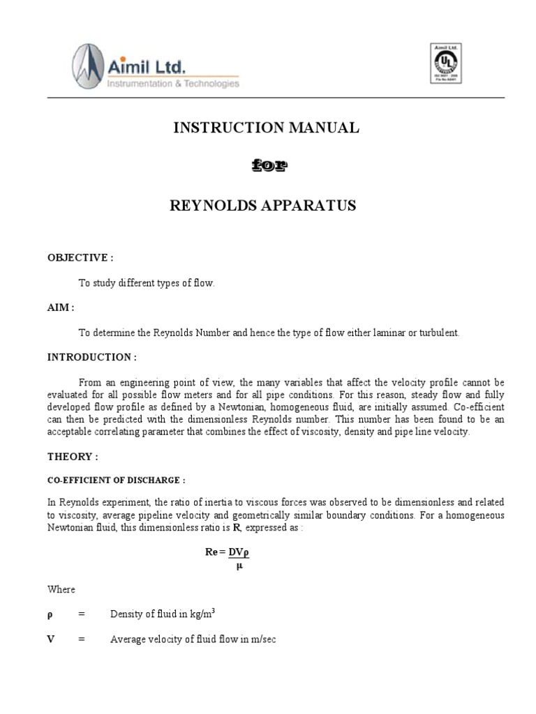Reynolds Apparatus 2 | PDF | Reynolds Number | Fluid Dynamics