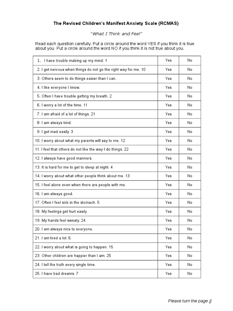 RCMAS: Child Anxiety Assessment Guide | PDF | Applied Psychology ...