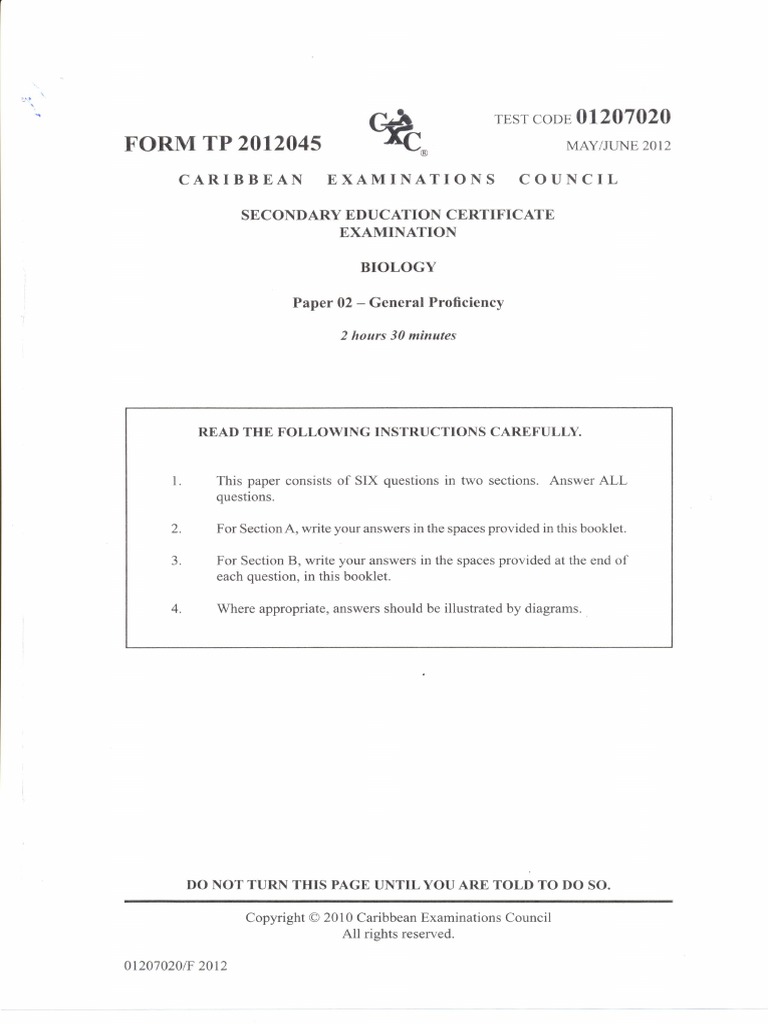 Biology P2 2012 CSEC | PDF