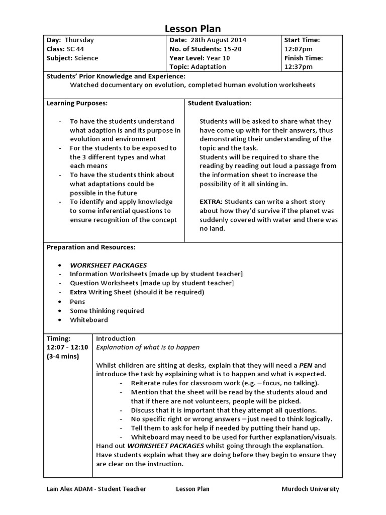 Lesson Plan - Adaptation | PDF | Lesson Plan | Educational Psychology