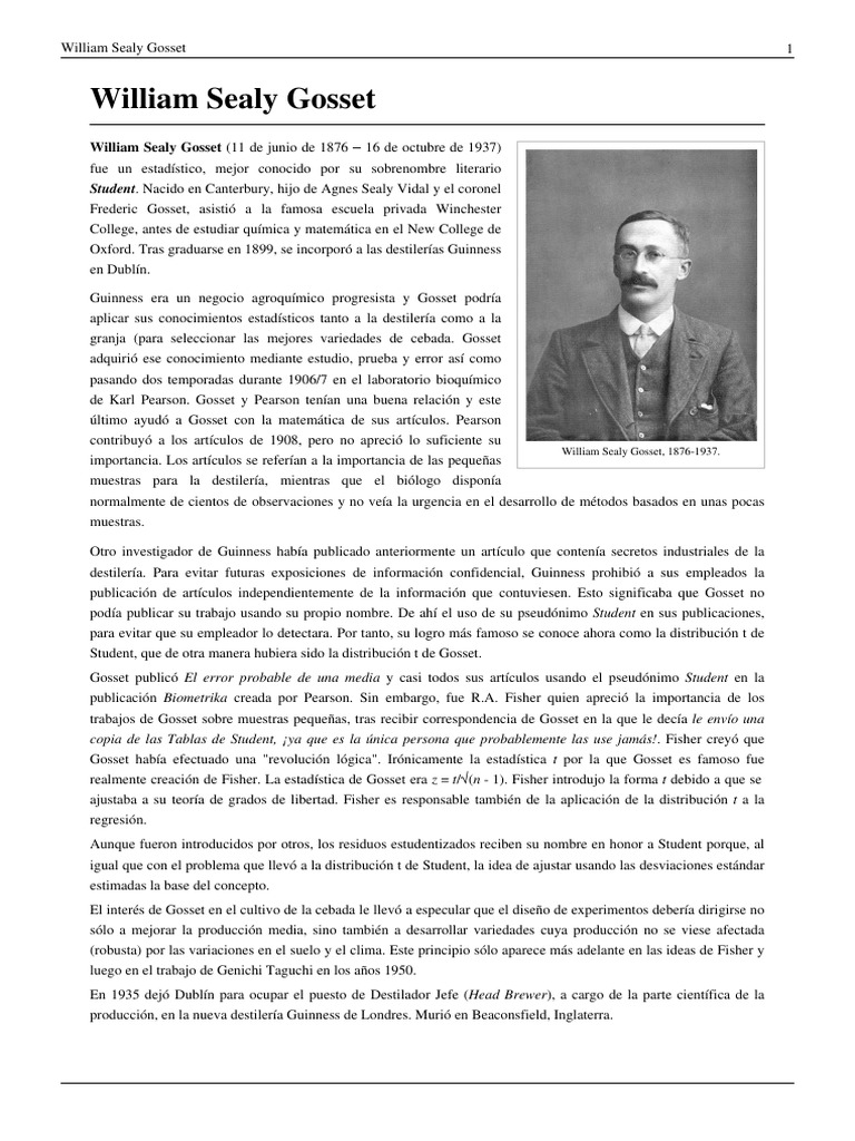 William Gosset y la Distribución t de Student | PDF | Enseñanza de ...
