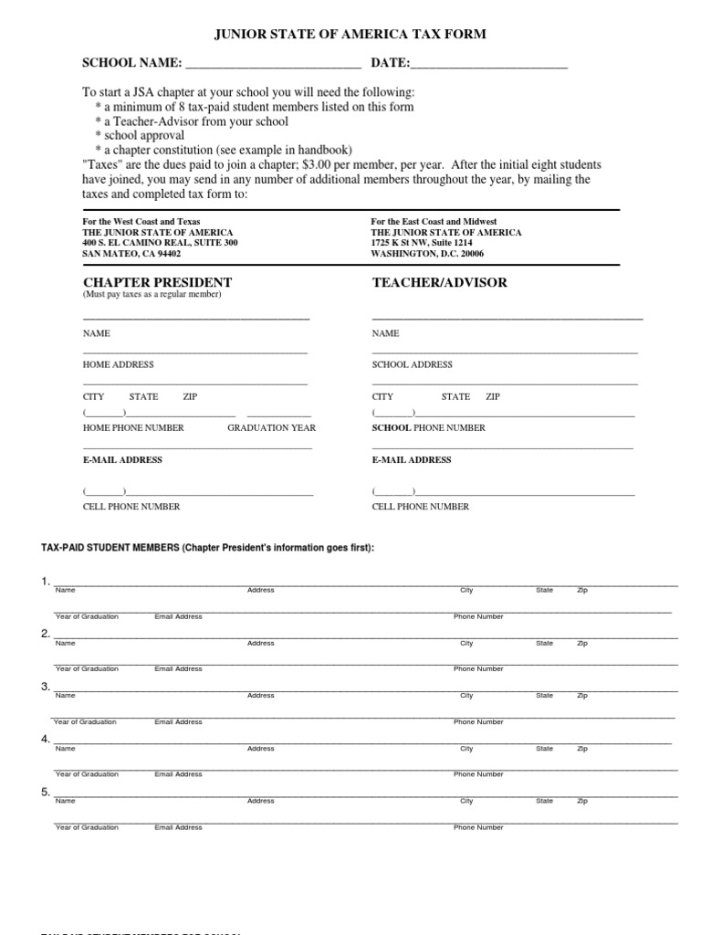 Junior State of America Tax Form: SCHOOL NAME: - DATE | PDF | Network ...