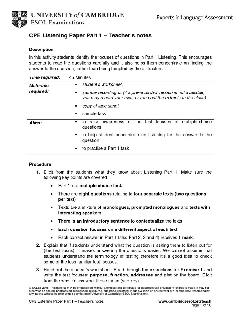 Cpe Listening Paper Part 1 | PDF | Test (Assessment) | Further Education