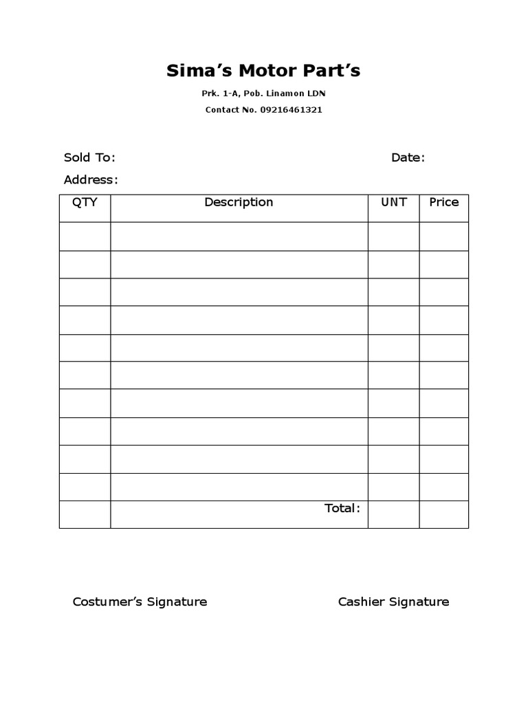 Sima's Motor Parts Invoice Template | PDF