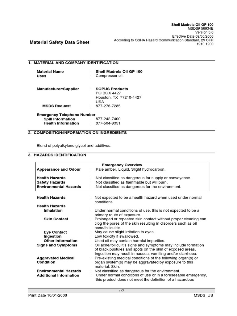MSDS - Shell Madrela - Compressor Oil | PDF | Personal Protective ...