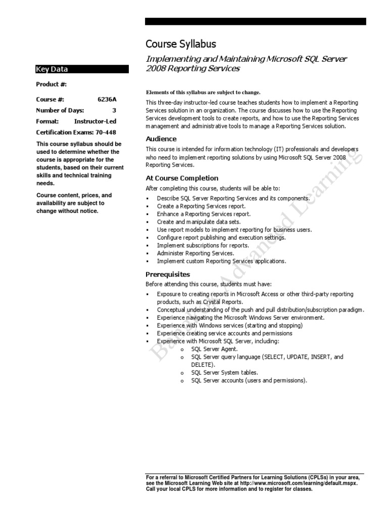 Course Syllabus: Implementing and Maintaining Microsoft SQL Server 2008 Reporting Services | PDF ...