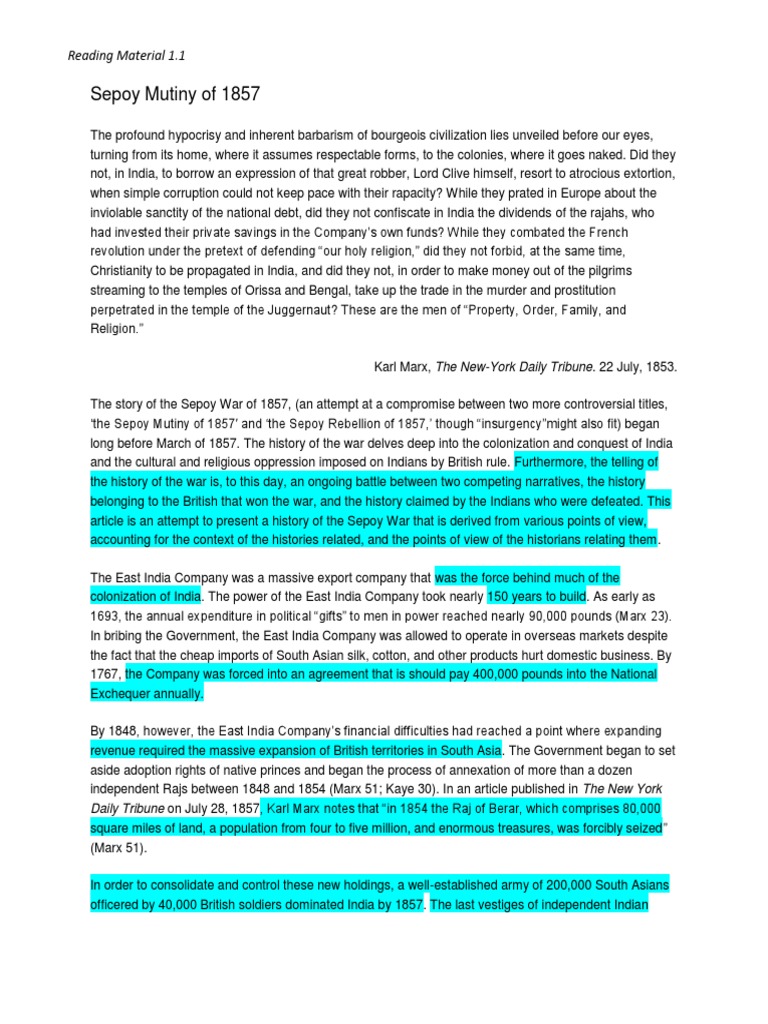 Sepoy Mutiny of 1857: Reading Material 1.1 | PDF | Armed Conflict | Unrest