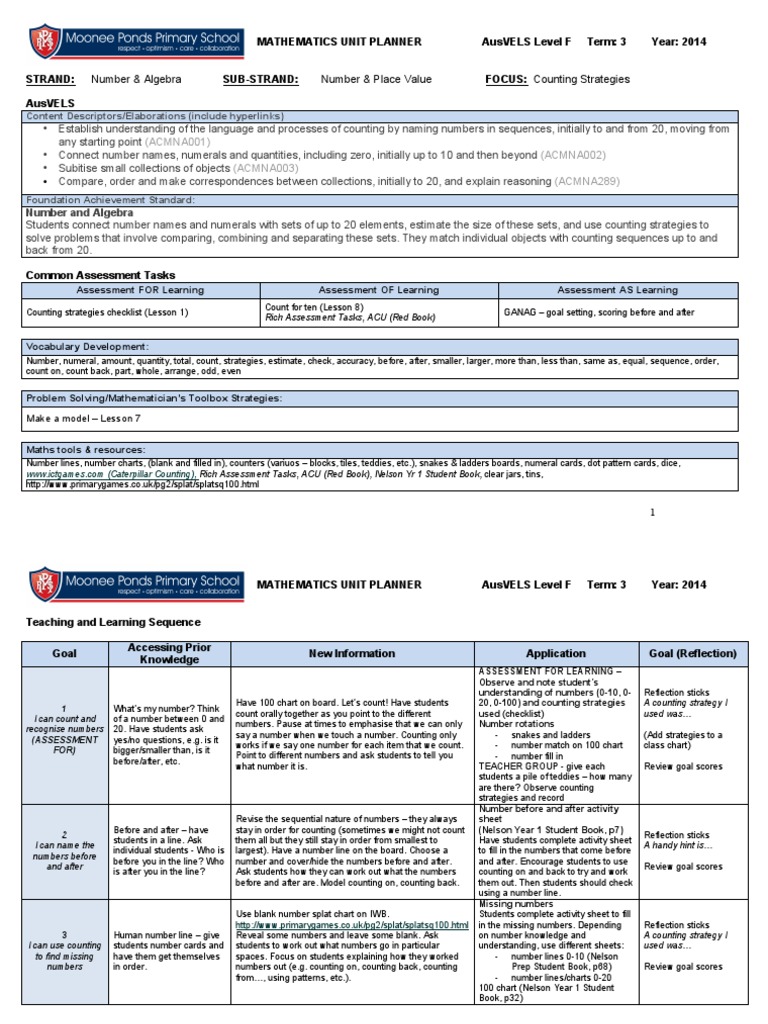 Prep Maths Unit Planner: Counting Focus | PDF | Educational Assessment ...