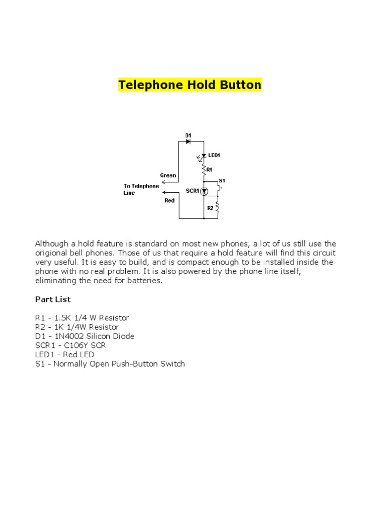 Telephone Hold Button: Part List | PDF