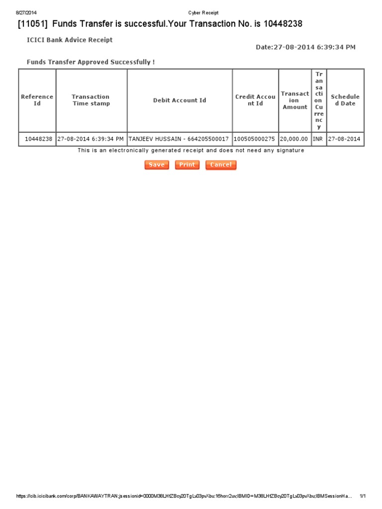 ICICI Bank Funds Transfer Receipt | PDF