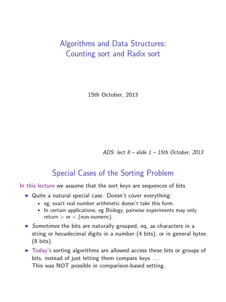 Algorithms And Data Structures Counting Sort And Radix Sort Pdf