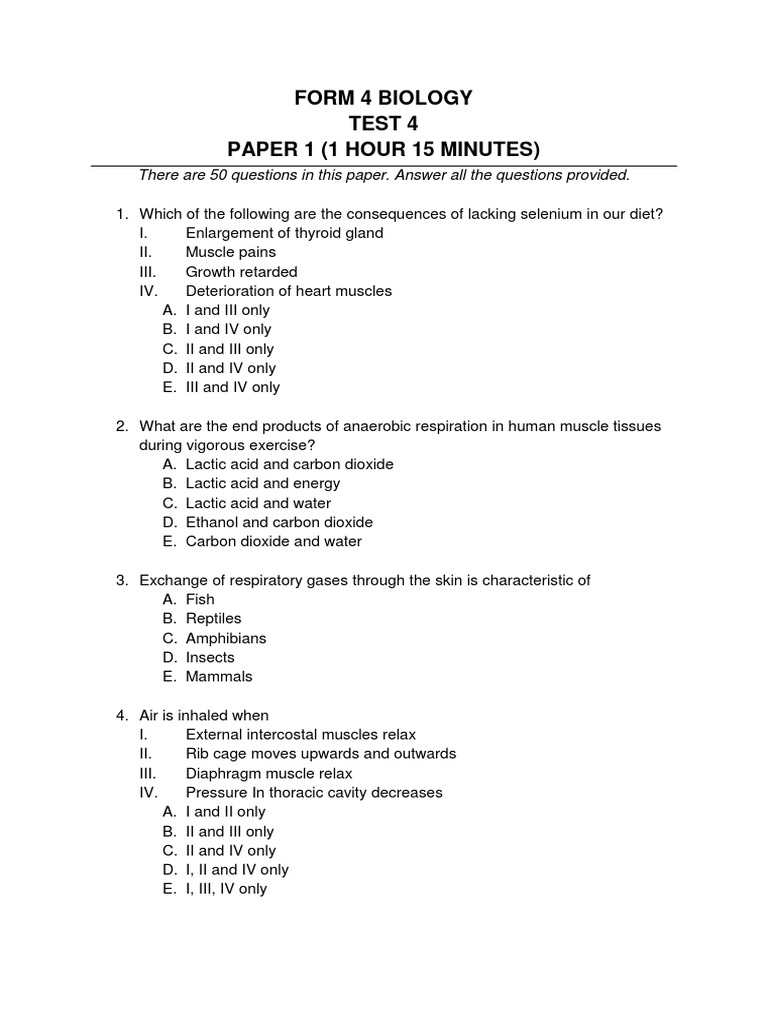 Form 4 Biology Test 4 | PDF | Respiratory System | Biology