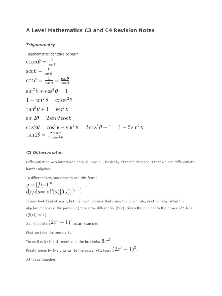 A Level Mathematics C3 and C4 Revision Notes | PDF | Euclidean Vector ...