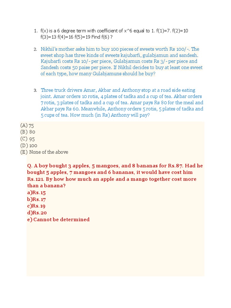 Linear Equation - Questions | Download Free PDF | Test (Assessment ...