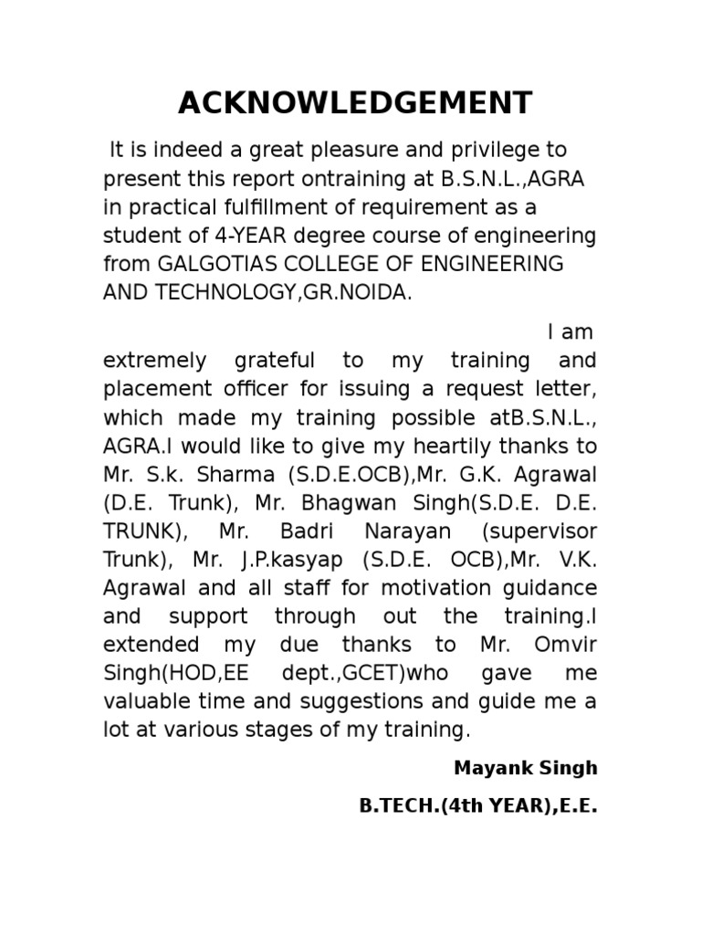 Acknowledgement: Mayank Singh B.TECH. (4th YEAR), E.E | PDF | Career ...