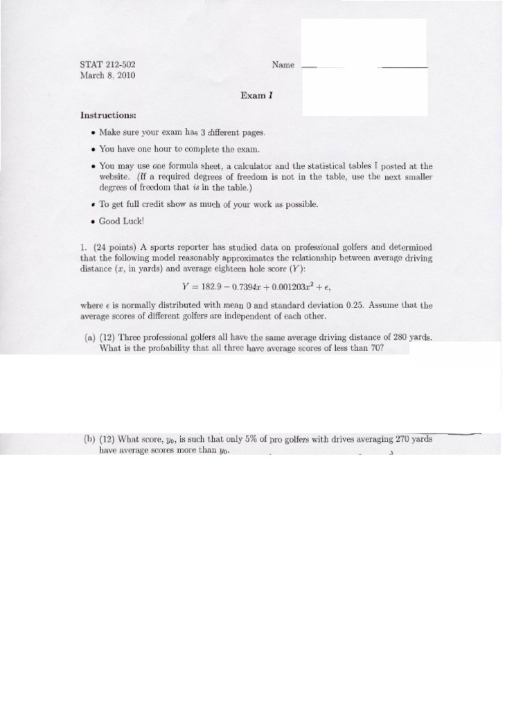 STAT212 Exam1 2010spring | PDF | Degrees Of Freedom (Statistics ...