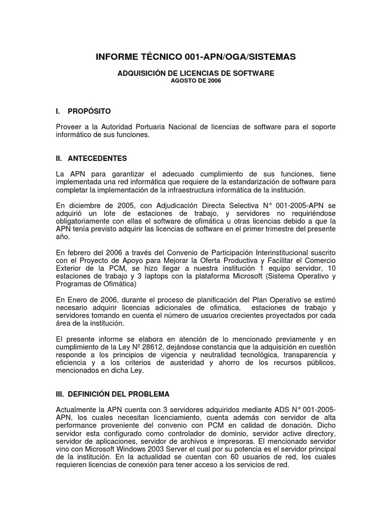 Informe Tecnico 001 Compra de Software | Microsoft | Software