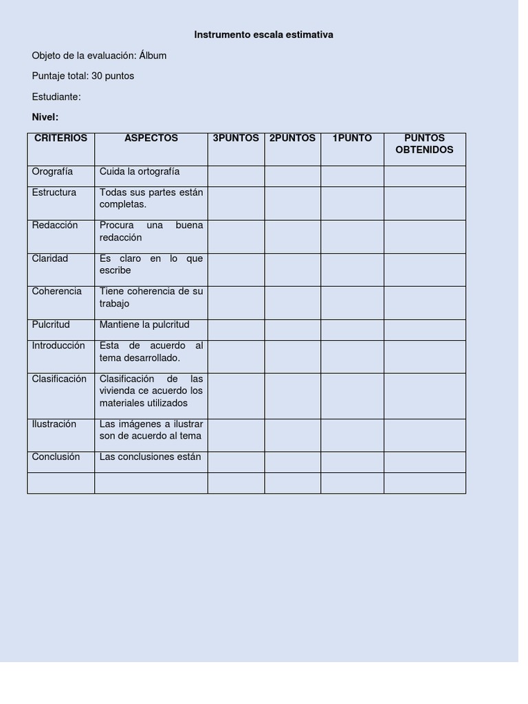 instrumento escala estimativa para evaluar album