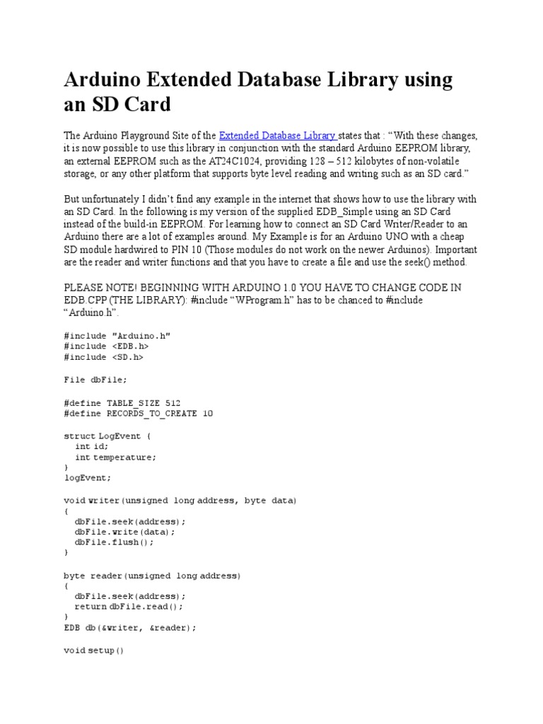 Arduino Extended Database Library Using An SD Card | PDF | Information ...