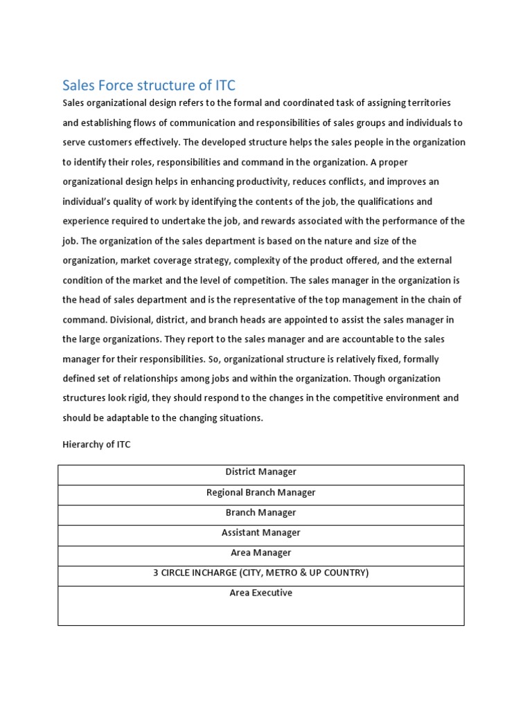 Sales Force Structure of ITC | PDF | Organizational Structure | Sales