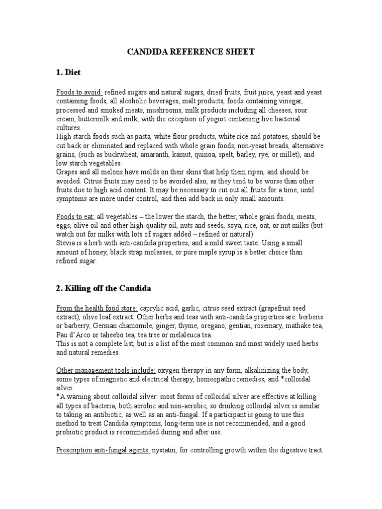 Candida Reference Sheet | PDF | Vegetables | Starch