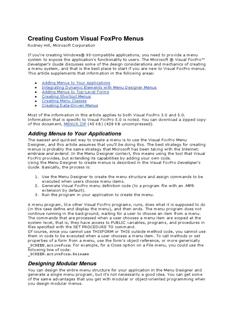 Creating Custom Visual FoxPro Menus | PDF | Menu (Computing) | Method ...