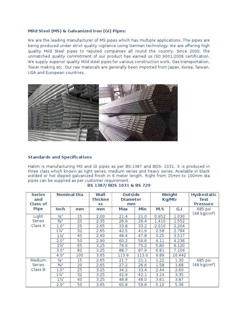 MS & GI Pipes: Specifications & Uses | PDF