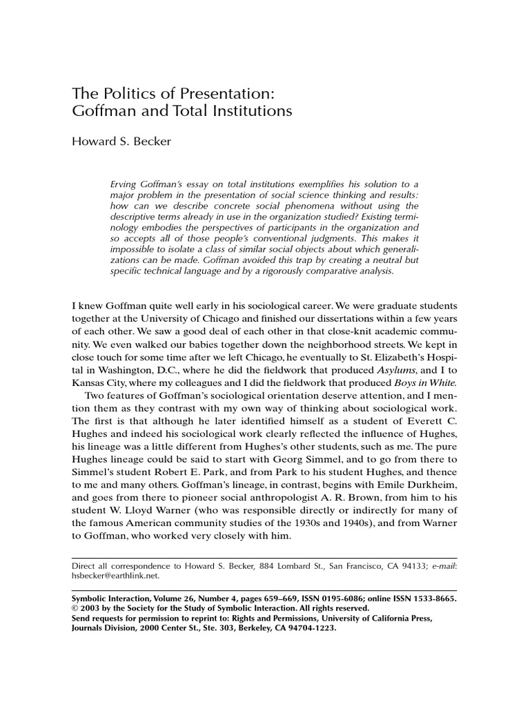 BECKER - The Politics of Presentation - Goffman and Total Institutions | PDF | Sociology ...