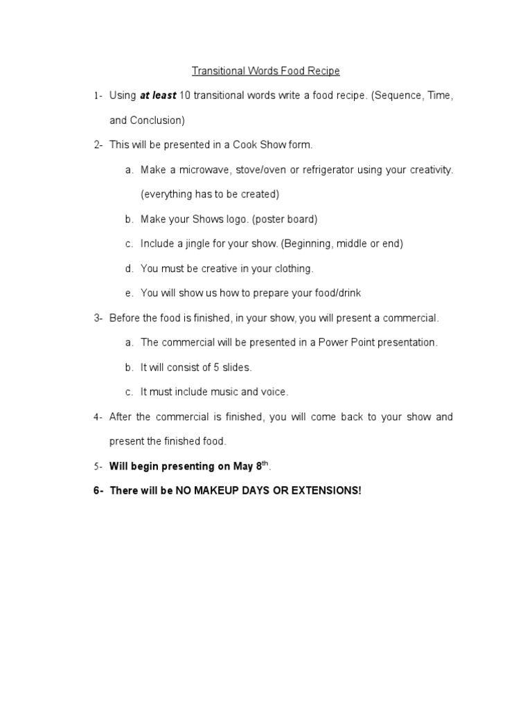 Transitional Words Food Recipe | PDF