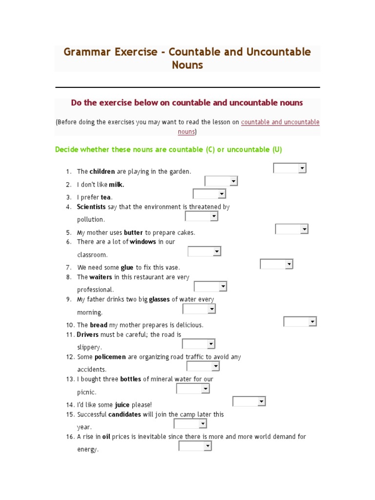 Countable vs. Uncountable Nouns Exercise | PDF
