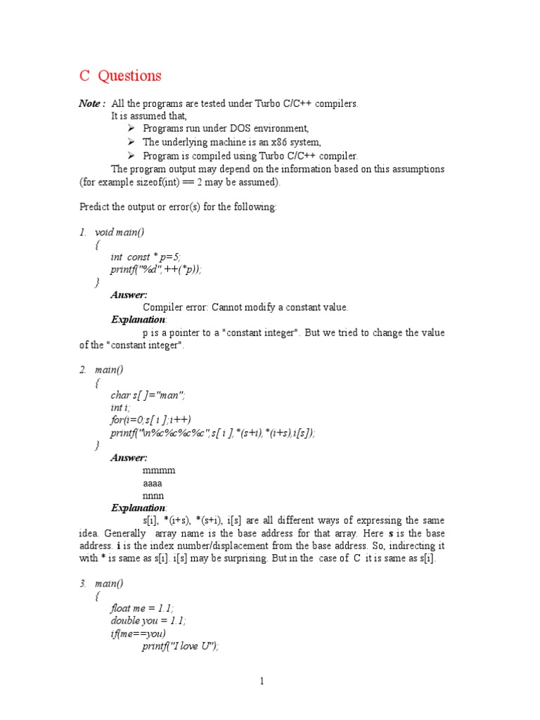 C Questions: 1. Void Main (Int Const P 5 Printf ("%D",++ ( P) ) ) | PDF | Pointer (Computer ...